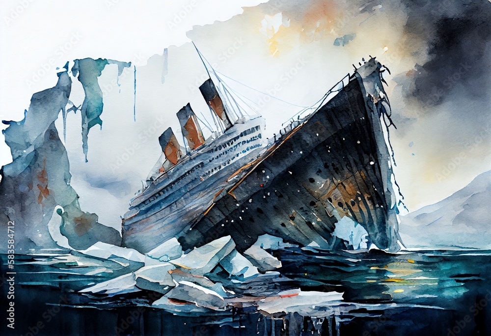 Watercolor Illustration of a Titanic Wreck As A Result Of A Collision ...