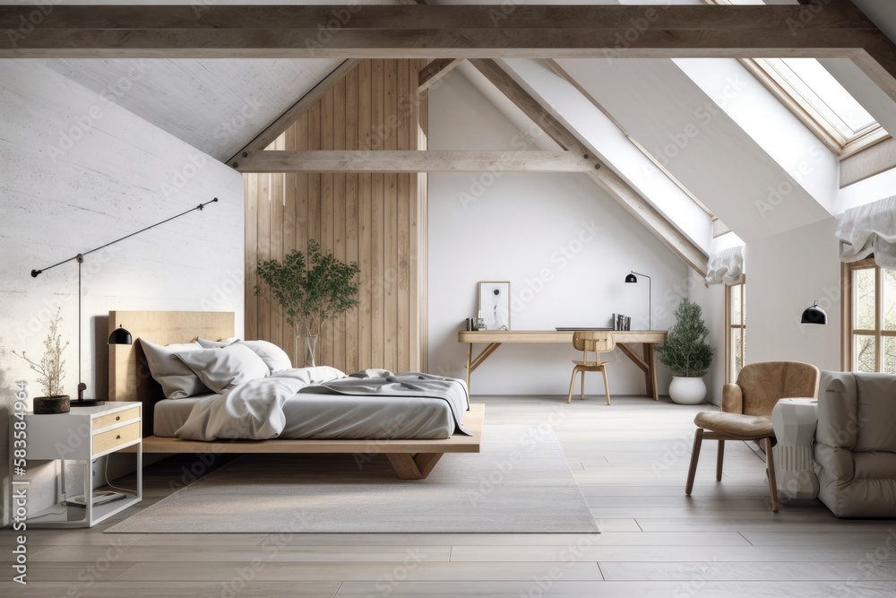 White attic bedroom with a wooden ceiling, white walls, white floors ...
