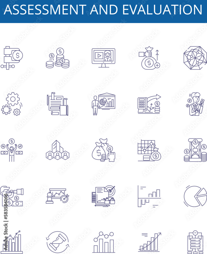 Assessment and evaluation line icons signs set. Design collection of ... Assessment and evaluation line icons signs set. Design collection of ...