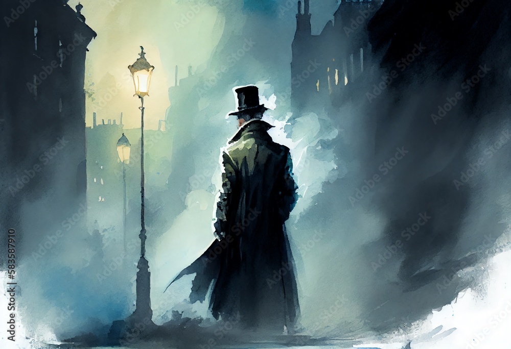 Watercolor Illustration of a Jack The Ripper At Foggy Night In Street ...