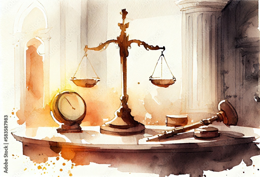 Watercolor Illustration of a Judge Gavel And Scales Of Justice In The ...