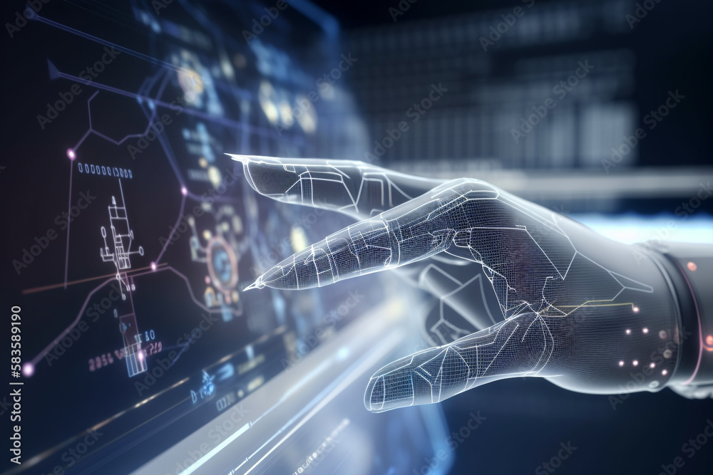 Generative ai robotic hand pointing at virtual screen on technological ...