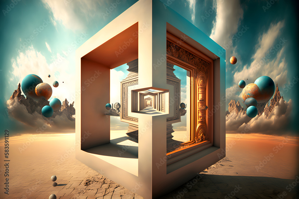 abstract cuboid visualisation of multi-dimensional space on sand of ...