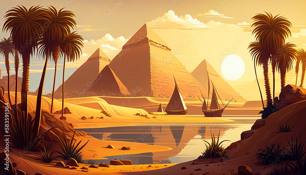 Ancient Egypt with pyramids and architecture in the river Nile valley ...