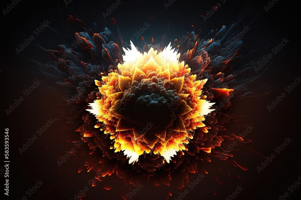 A explosion against a black background, with fiery tendrils reaching ...