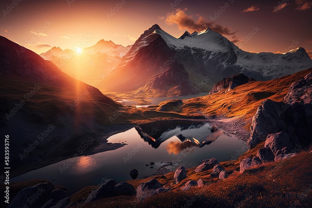 The sun rising over a rugged mountain landscape, with the peaks casting ...