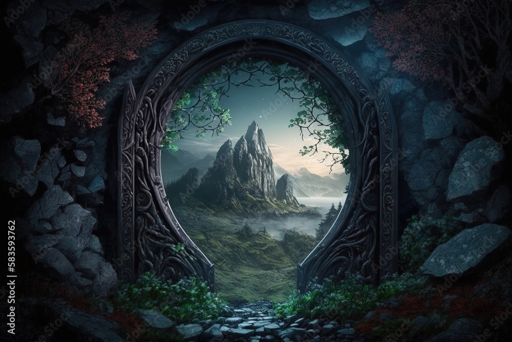 A magical elfin door sits nestled among the roots of a tree, its ...