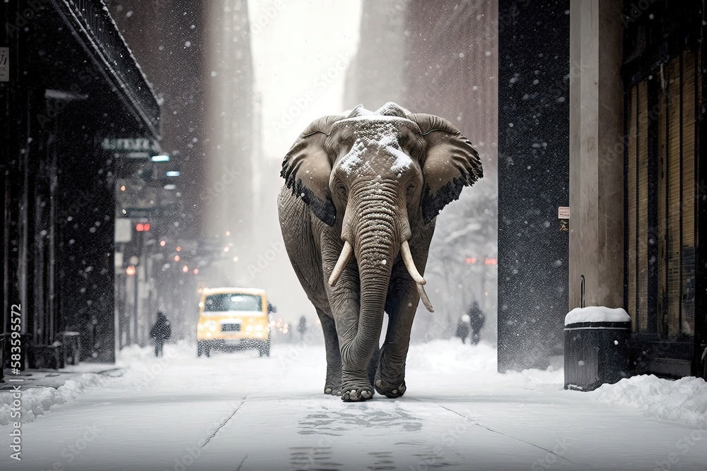 A majestic elephant meanders through the cityscape, displaying its ...