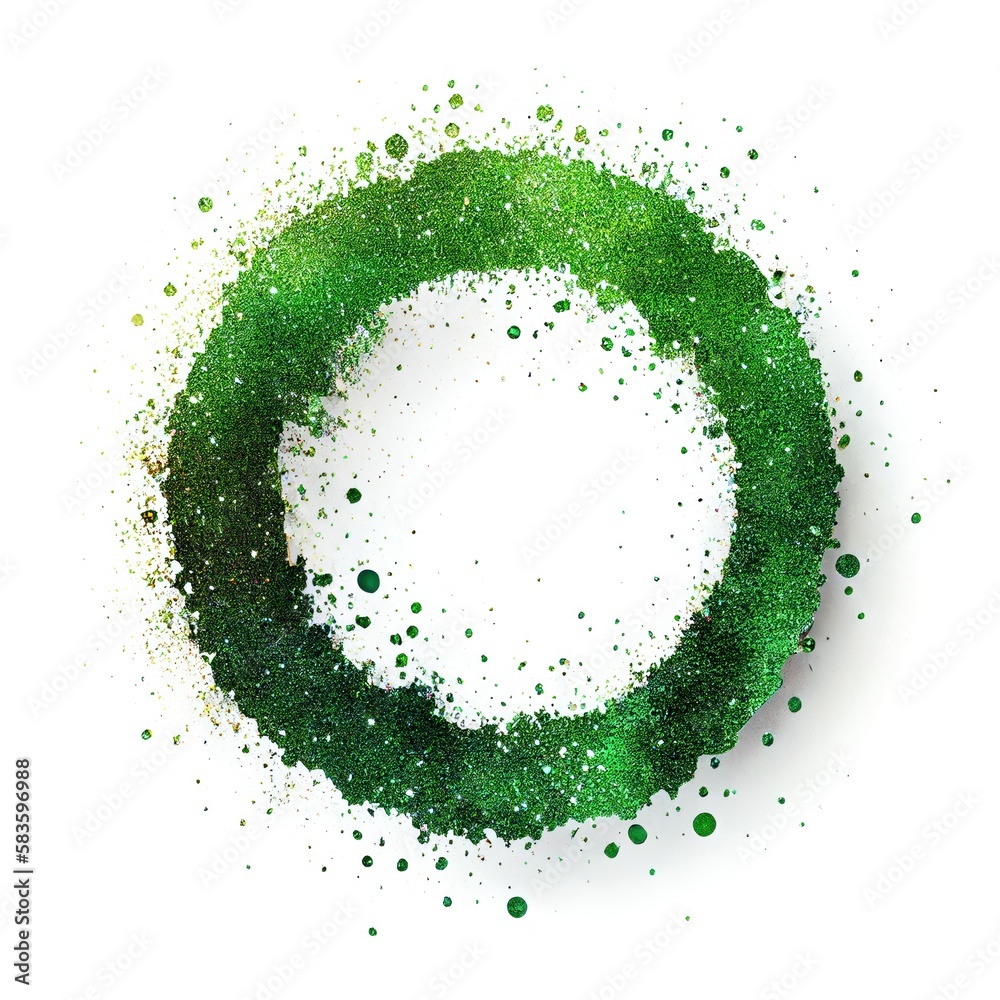 Green glitter swirling particles on circle frame isolated on white ...