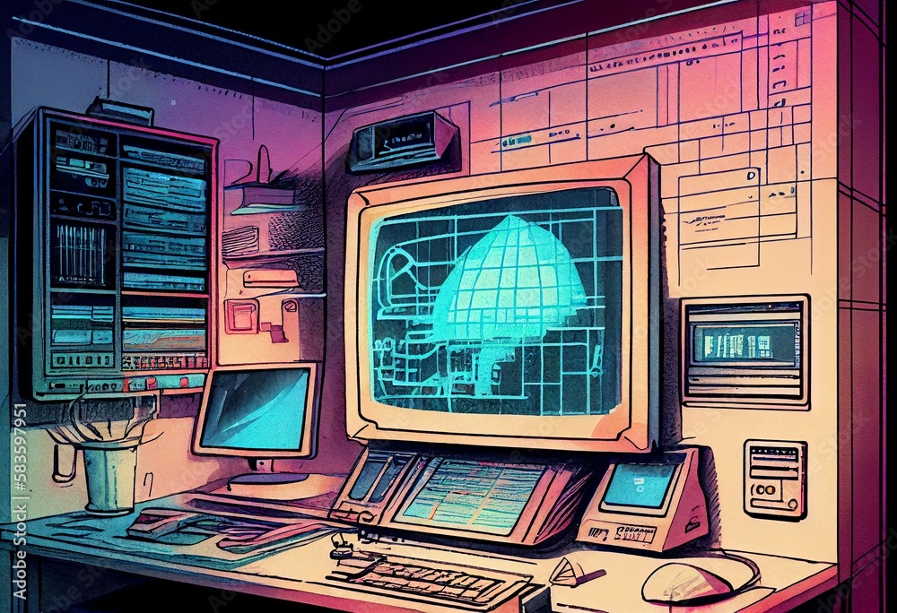 Watercolor Illustration of a Futuristic Retro 80S Stock Market Computer ...