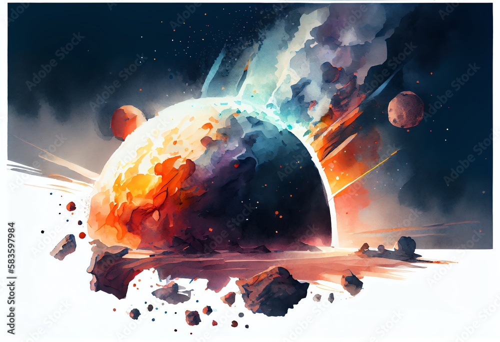 Watercolor Illustration of a Asteroid Impact, End Of World, Judgment ...