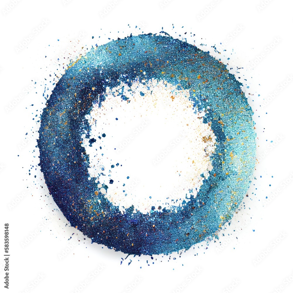 Sea blue glitter swirling particles on circle frame isolated on white ...