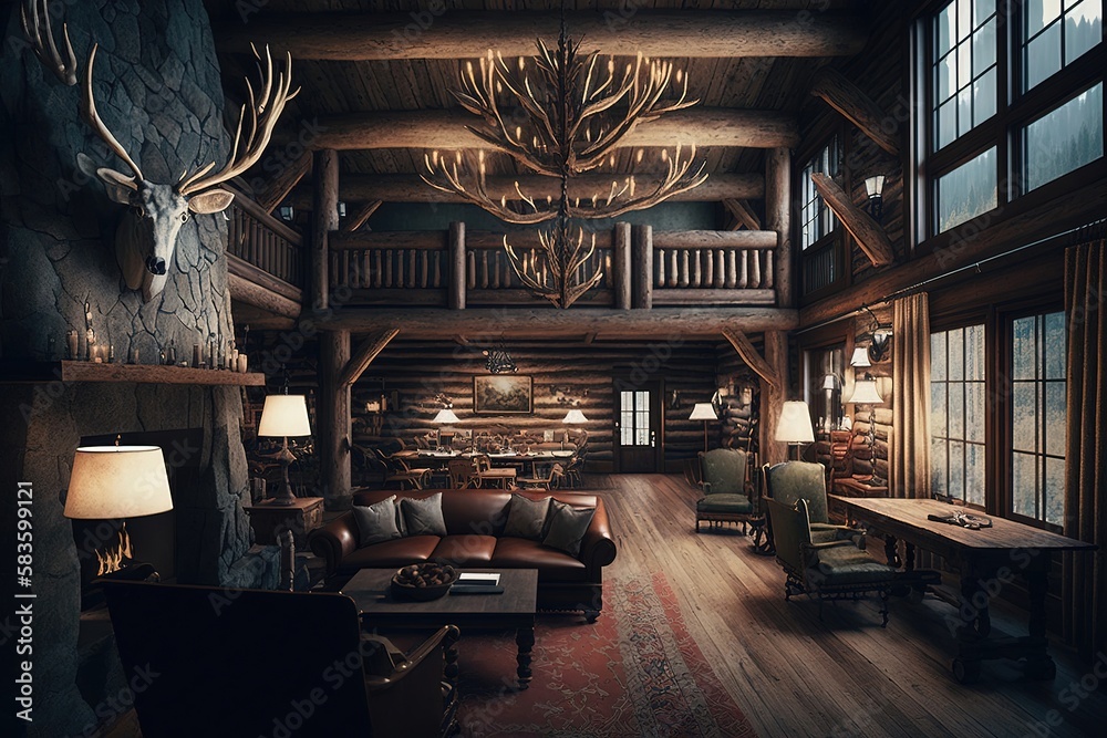 The interior of a living room designed in a hunting style, featuring ...