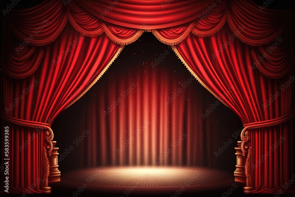 Theater with a predominantly red color scheme. The seats and stage ...