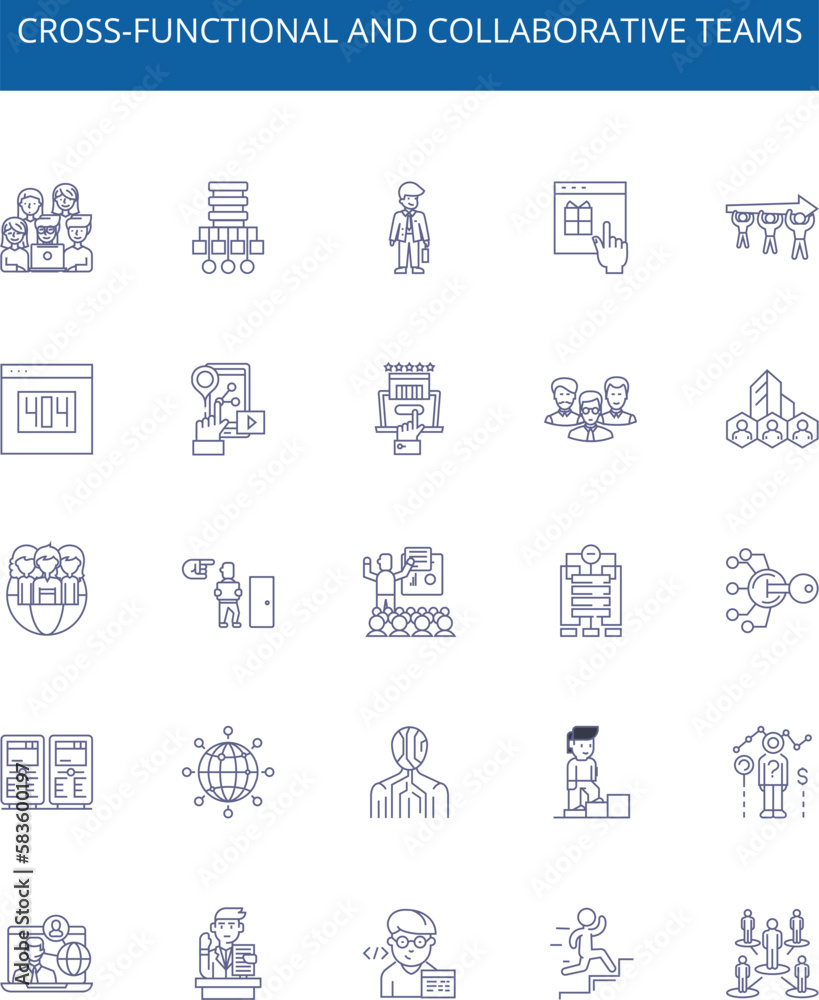 Cross-functional and collaborative teams line icons signs set. Design ...