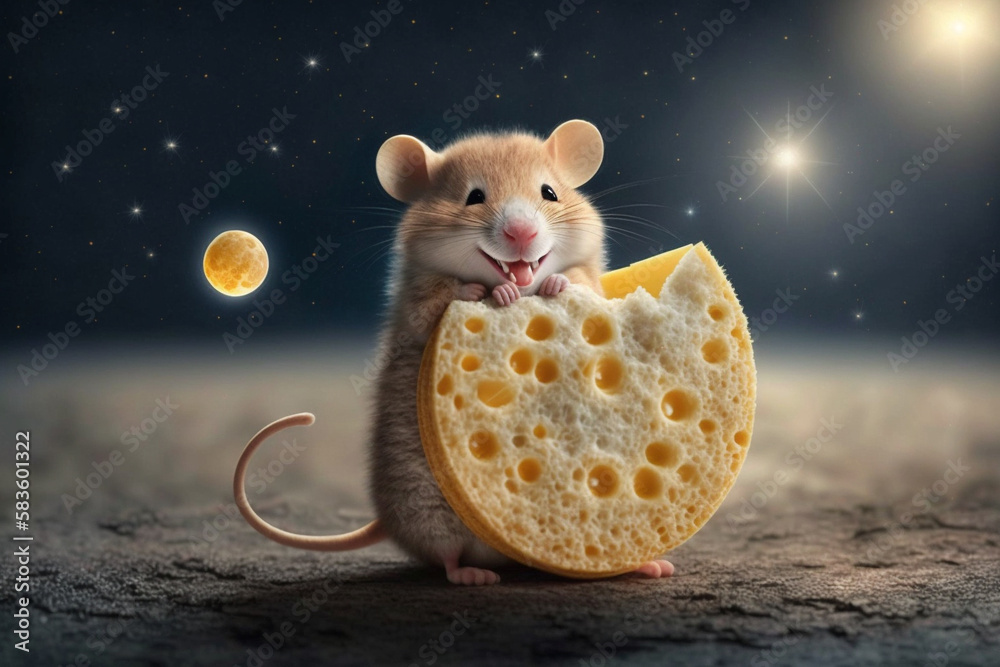 Cute rat or mouse enjoying his big piece of cheese at night with the ...