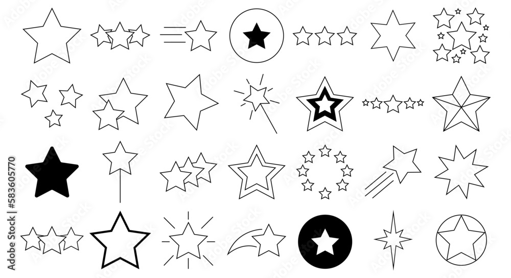 Contour signs of stars. A set of flat line star icons. Starry night ...