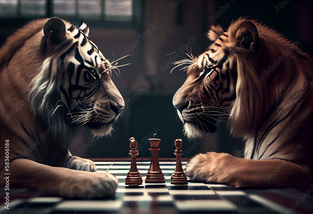 A highly detailed ultrarealistic image of a lion and a tiger wearing ...