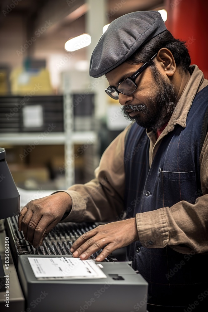 Visually impaired person working at warehouse with special devices ...