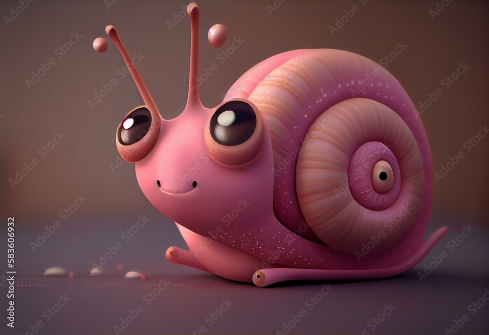 A realistic and cute pink snail with a unique shell, featuring large ...