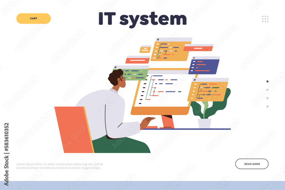 It System Landing Page Design Template With Man Programmer Or Sysadmin Working On Computer