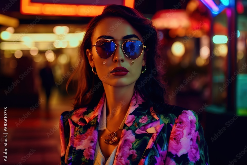 Cool retro style outfit on young brunette woman at night in the city ...