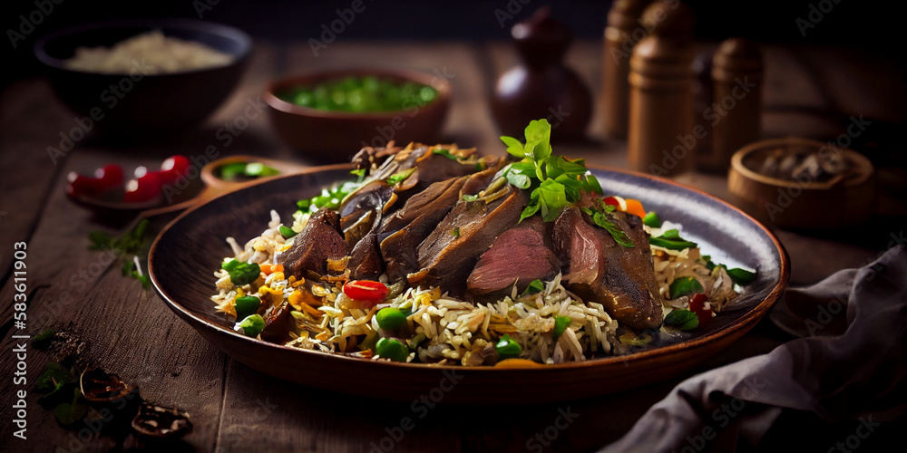 A plate of rice with lamb, a traditional Arab dish made with rice, lamb ...