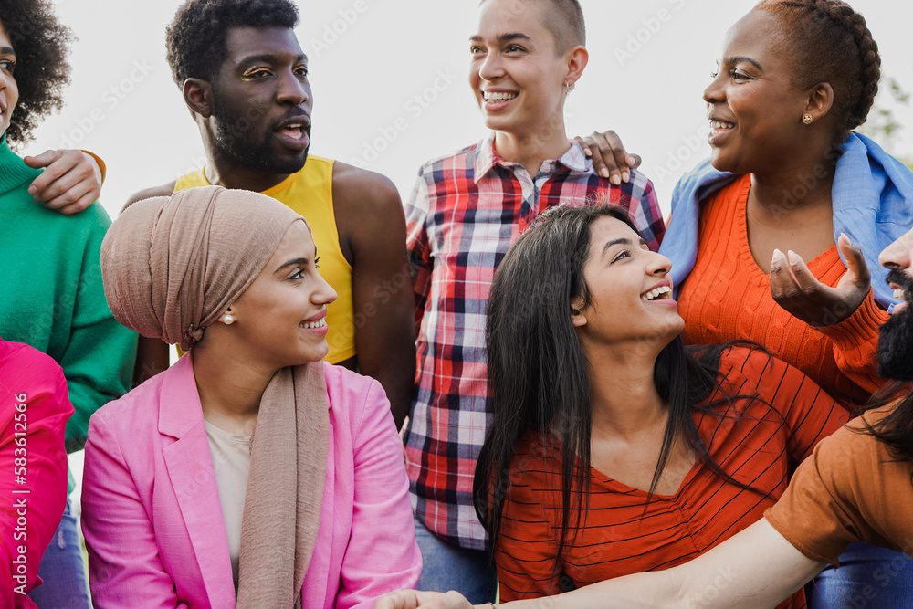 Crowd of young multiracial people having fun together outdoor - Concept ...