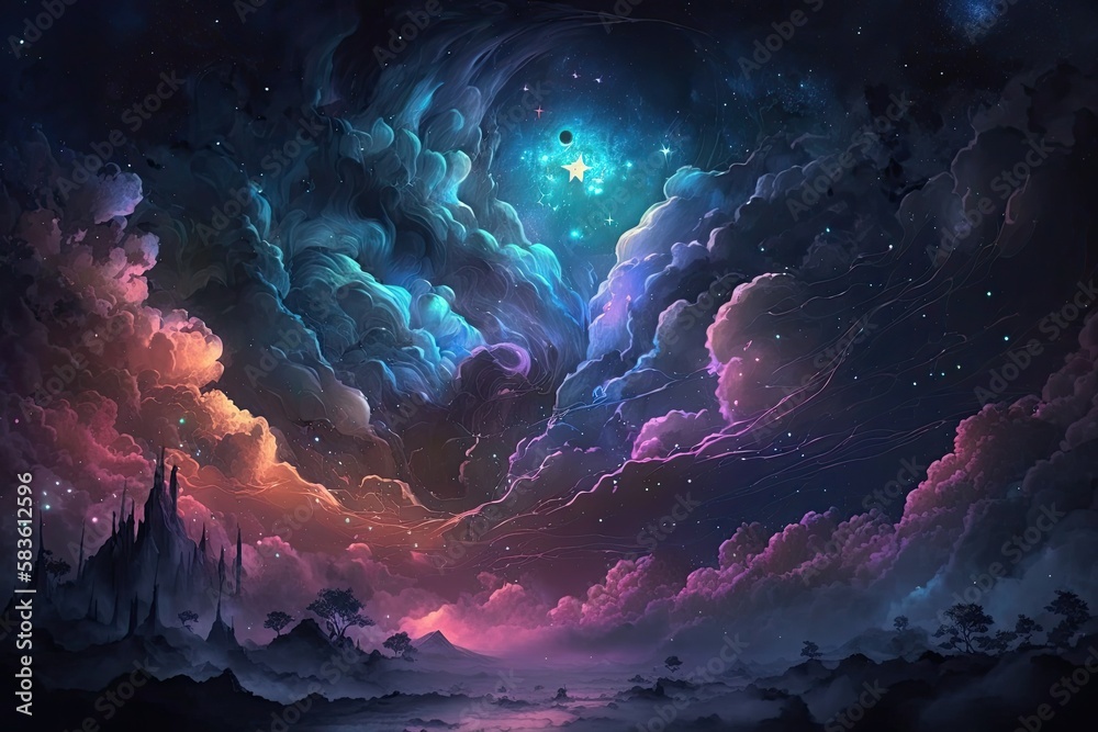 Fantasy-themed night sky, picture book style, bright stars and galaxies, colorful nebulae, moon ...
