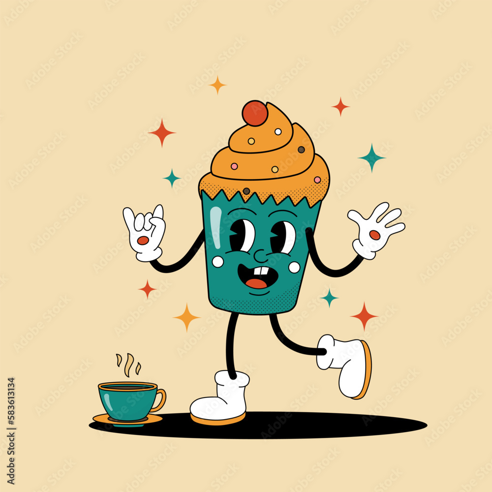 Comic flat cupcake with face on decorated background. Vector cartoon ...