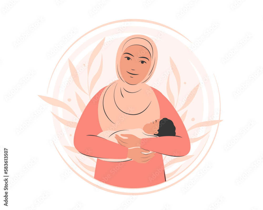 Arabian woman is holding newborn baby. Muslim girl in traditional dress ...
