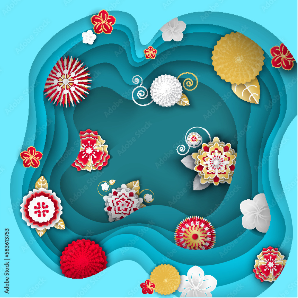 Paper cut spring flowers in shape of water spot. Fresh spring nature ...