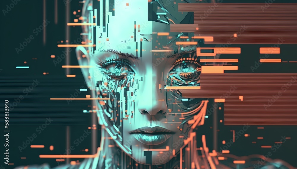 Futuristic AI robot avatar on screen with glitch effect and digital ...