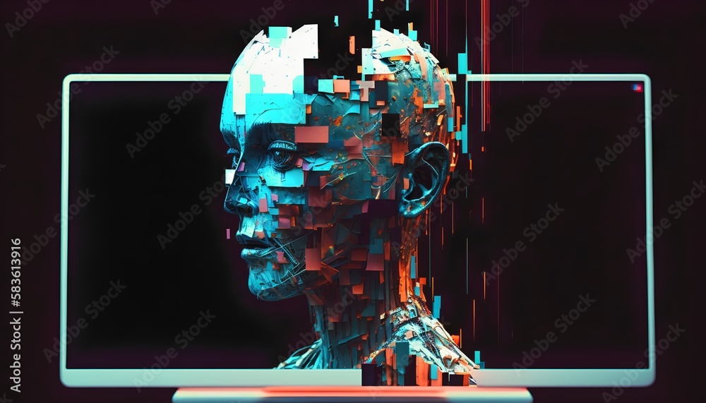 Futuristic AI robot avatar on screen with glitch effect and digital ...
