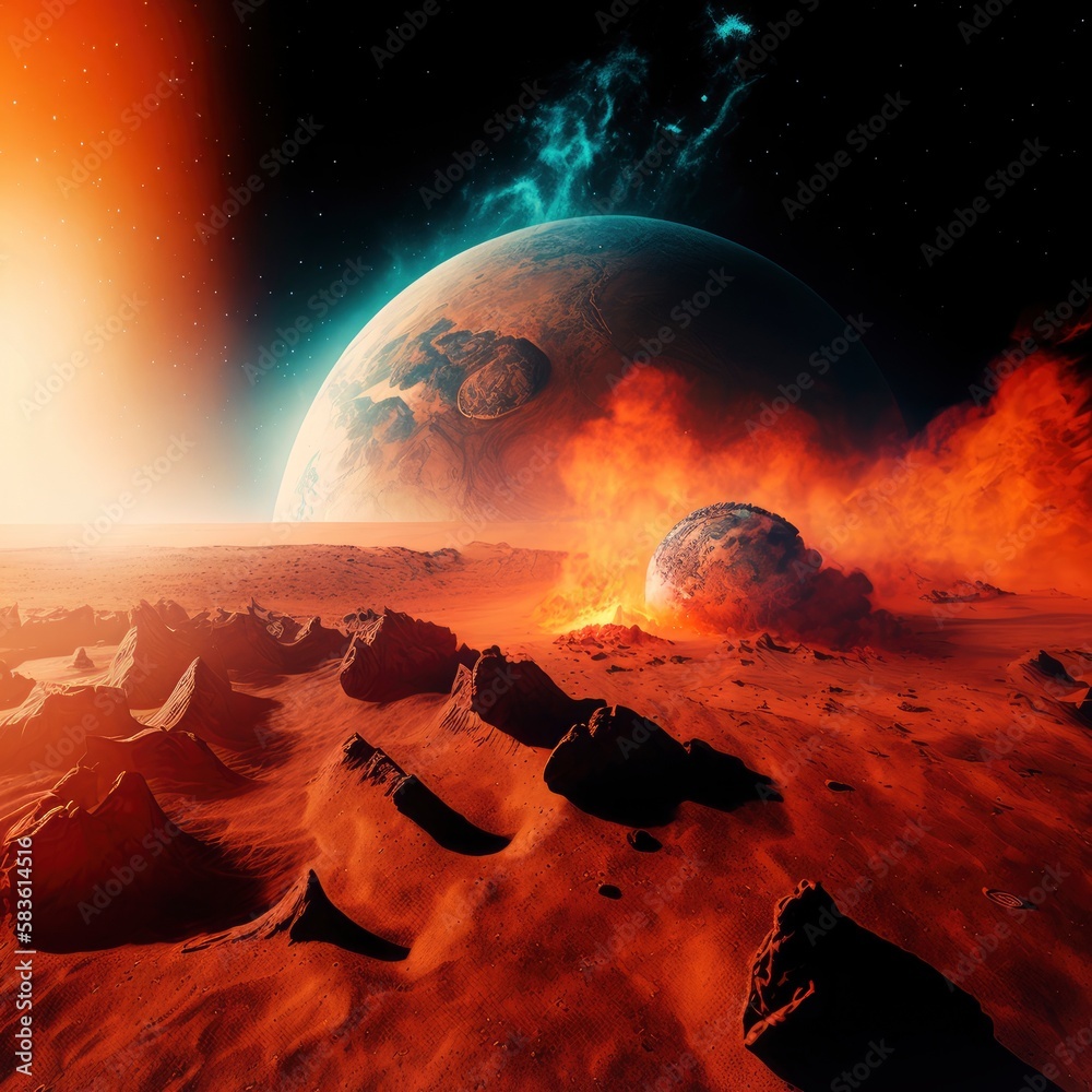 Planet earth view from space in fire and with glaciers, global warming ...