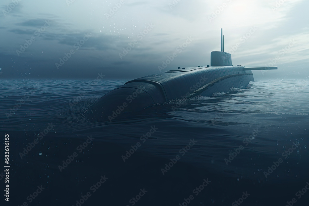 Military submarine in the sea. Floating vessel under water. Created ...