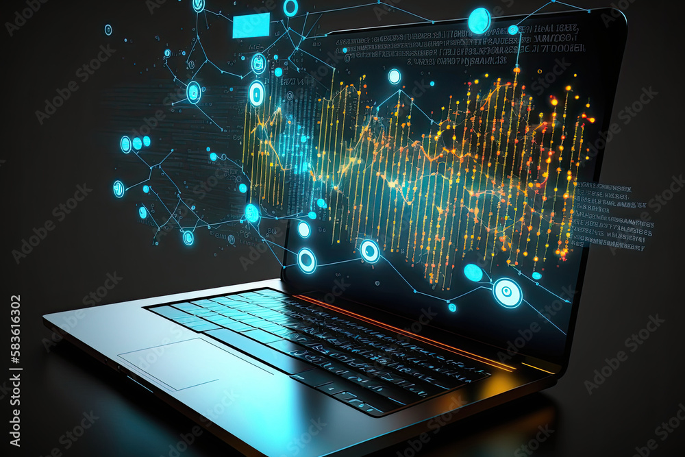 Digital data and network connection on laptop screen. Big data analysis ...