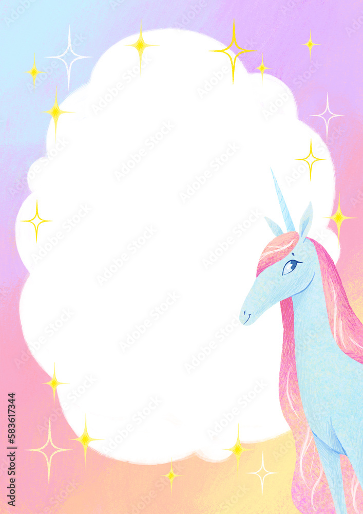 Unicorn frame template. Cute blue unicorn, rainbow colores cloud shape ...