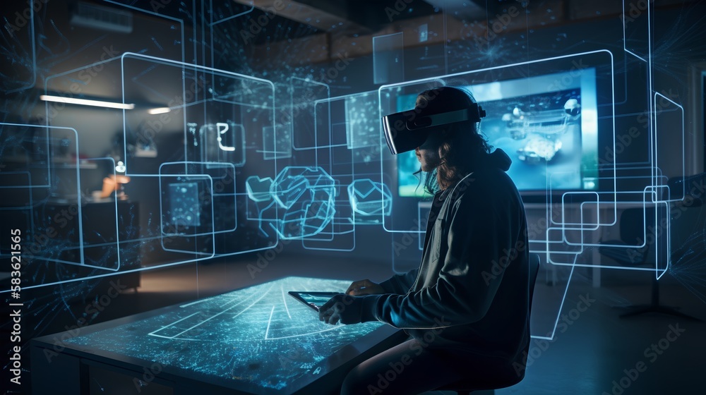 User immersed in augmented reality environment wearing a VR headset ...