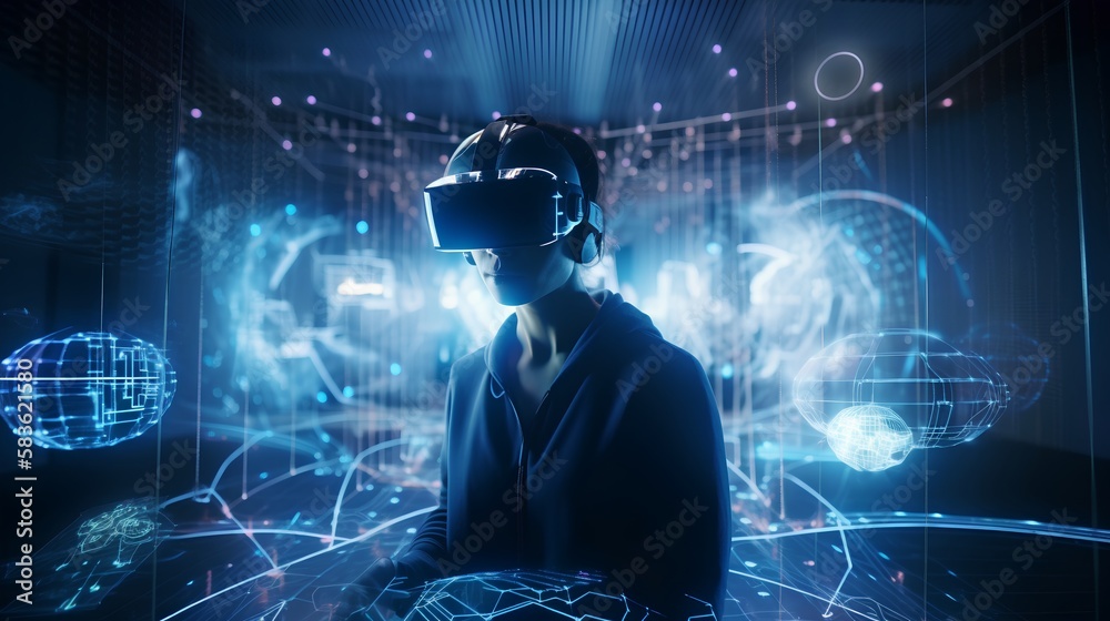 User immersed in augmented reality environment wearing a VR headset ...