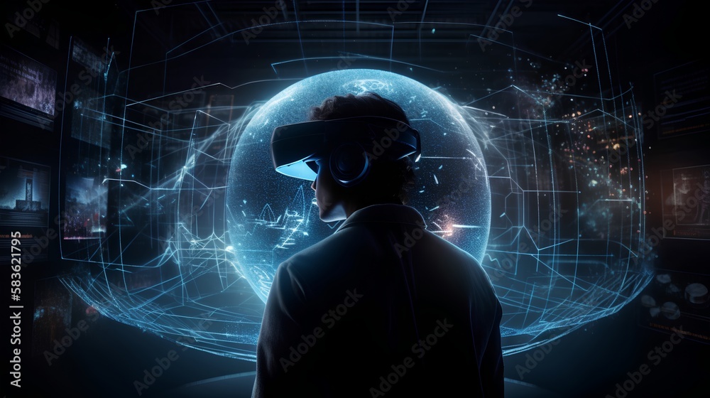 User immersed in augmented reality environment wearing a VR headset ...
