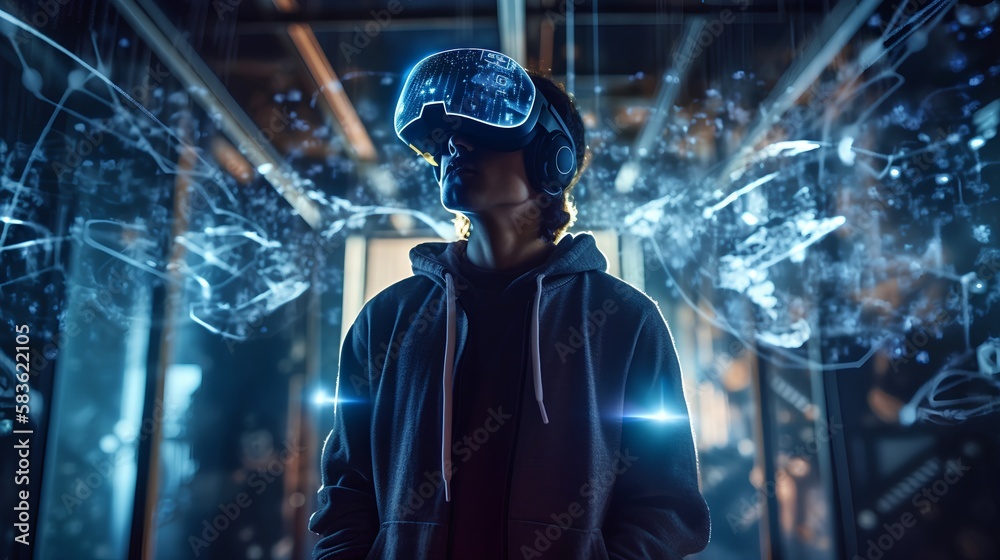 User immersed in augmented reality environment wearing a VR headset ...