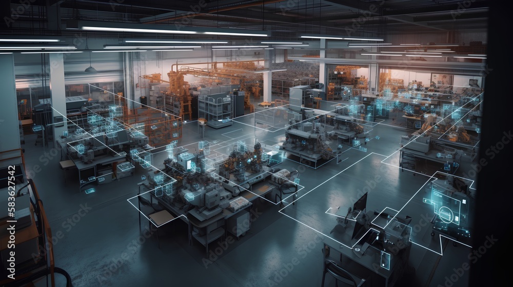 Industry 4.0 smart factory interior showcases IIoT machines, efficient ...