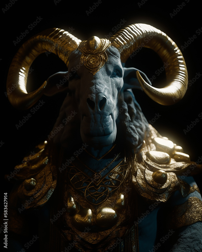 Fantasy Bull God Warrior in Golden horns and War costumes created with ...