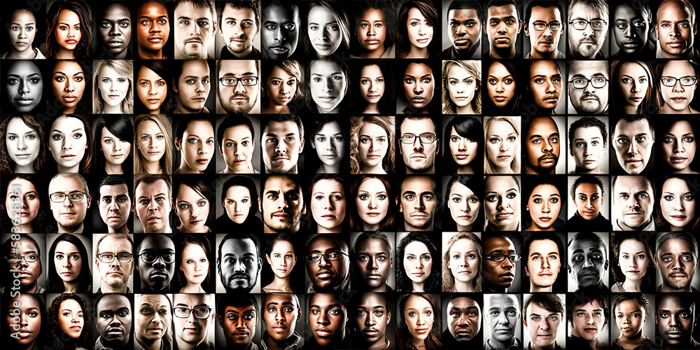 A: Multiple people of diverse backgrounds stood together, smiling ...