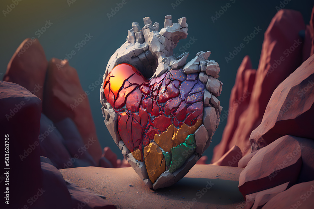 Anatomically stone human heart in the rocks mountains. Generative AI ...