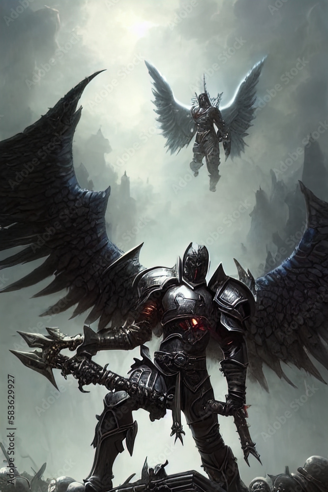 Fight between death knight and angel knight dark, cinematic painting ...