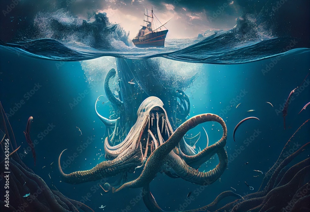 Mythical Kraken attacking and sinking ship in deep sea. Generative AI Stock Illustration | Adobe ...