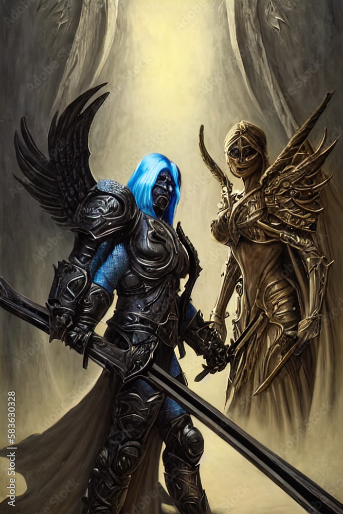 Fight between death knight and angel knight dark, cinematic painting ...