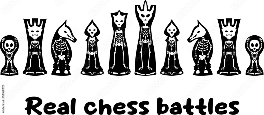 Skeletons of chess pieces - king, queen, bishop, rook, knight and pawn ...